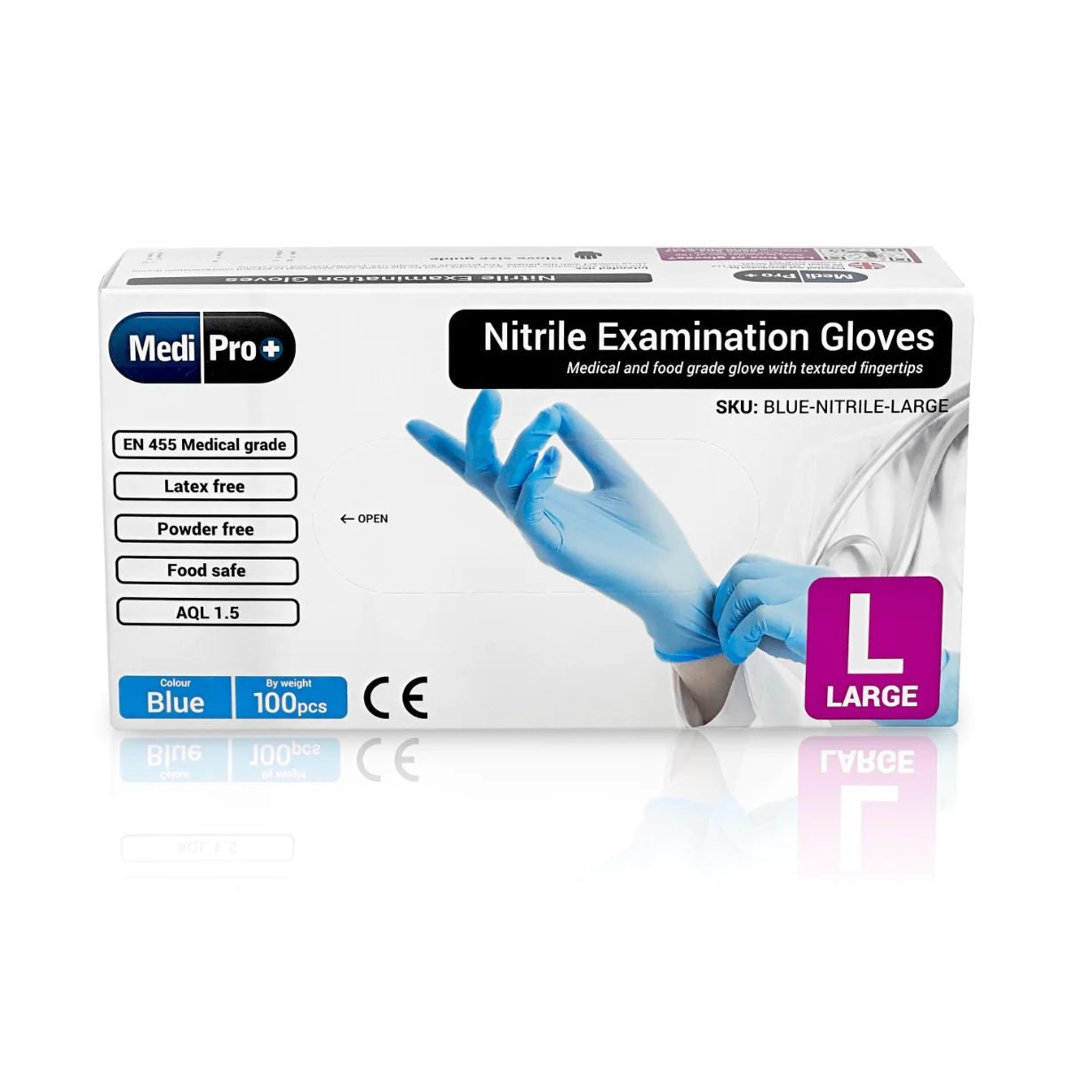 Blue Nitrile Gloves Medical Grade Cat III PPE Large x 100 - Medbasic