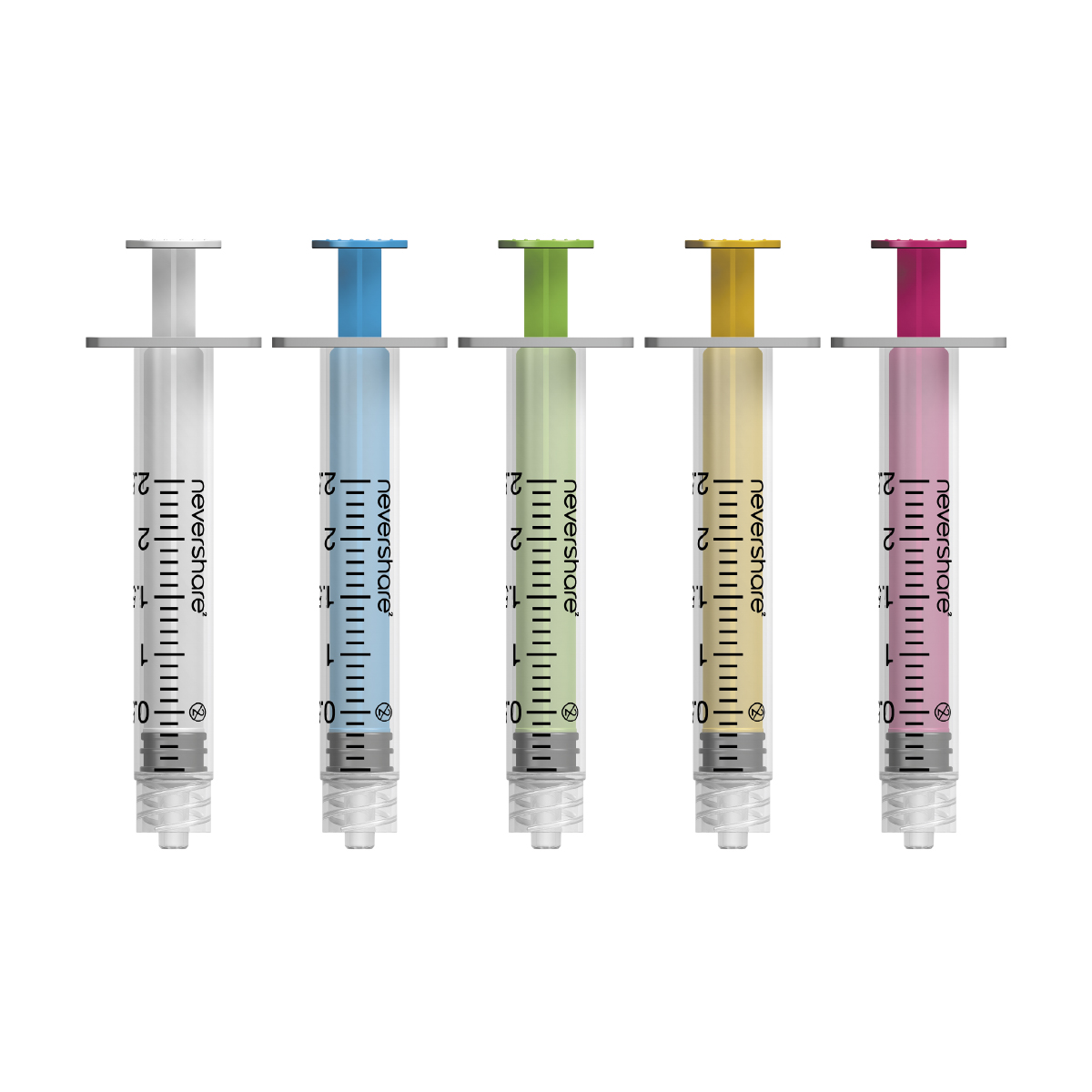 2ml Nevershare Mixed Colours Luer Lock Syringes - Medbasic